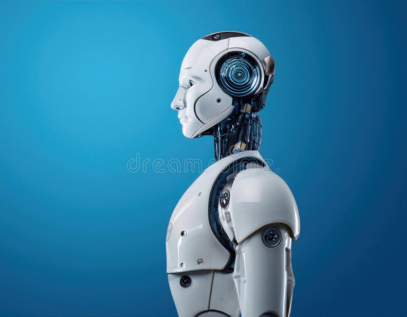 Close Up Humanoid Robot on Isolated Blue Background Stock Illustration ...