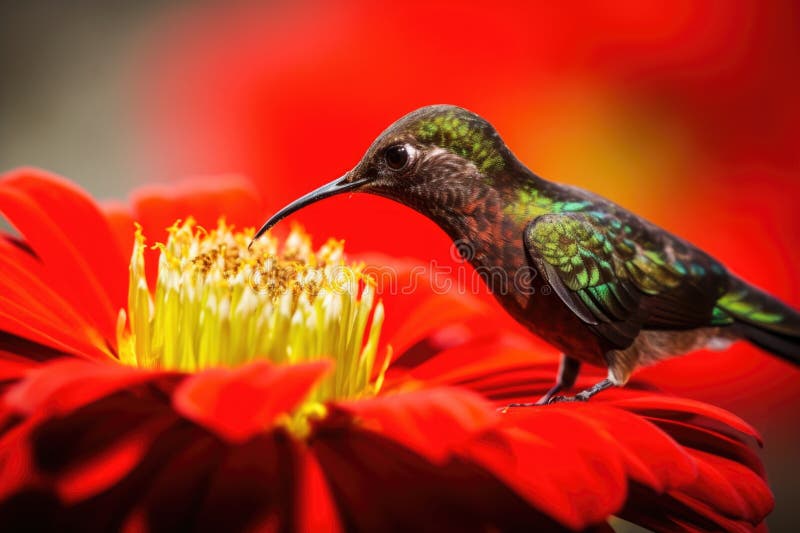 Close-up of a Hummingbird Drinking Nectar from a Bright Red Flower ...