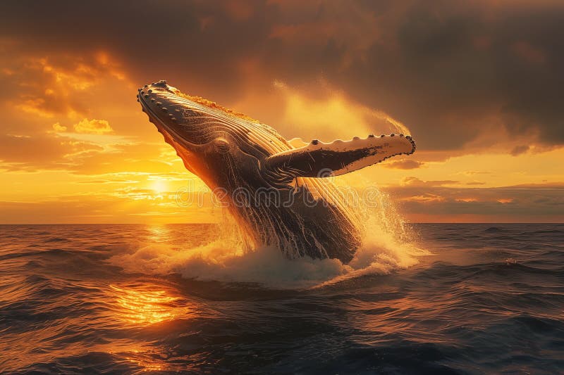Close Up of an Humpback Whale Breaching Out of the Ocean at Sunset ...