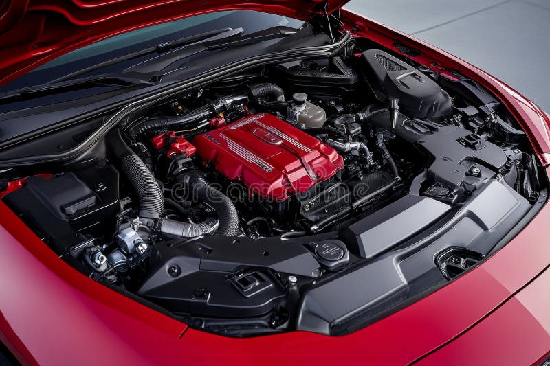 Close Up of Hybrid Car Engine Bay with Open Hood, Showcasing High ...