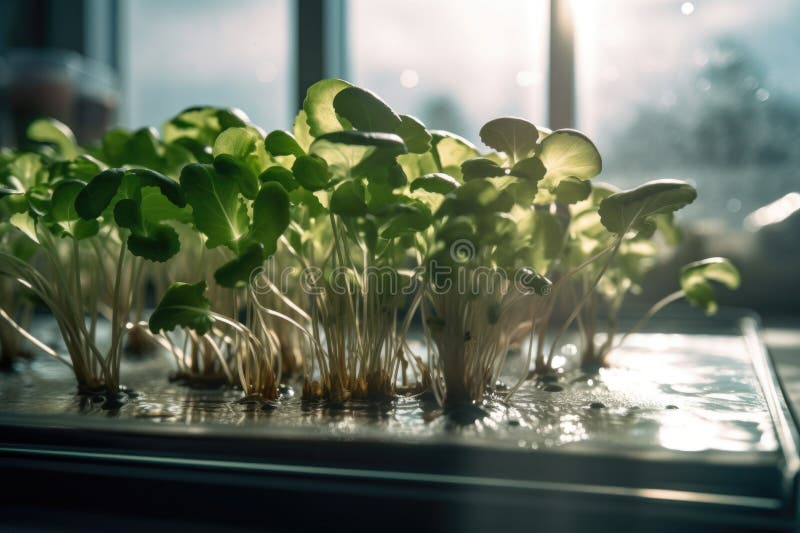 Close-up of a Hydroponic System, with Delicate Sprouts Growing in the ...