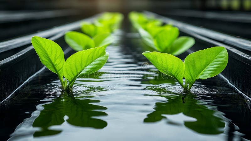 A Close-up of a Hydroponic System with Rows of Green Plants Growing in ...