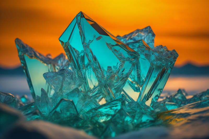 Close Up of Ice Cube on the Beach at Sunset Background. Selective Focus ...