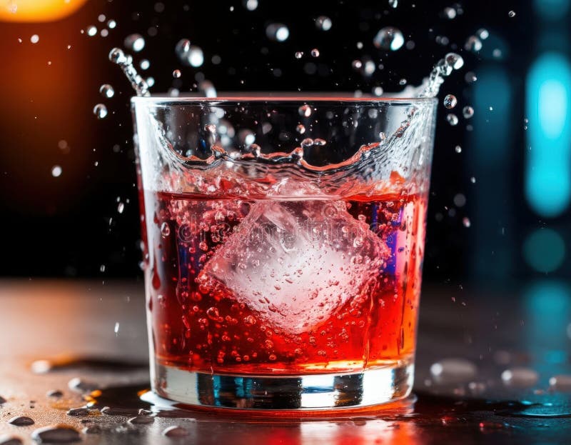 Close-up of Ice Cube Falling into Drink, Splashes Captured Mid-air ...