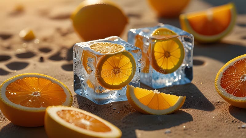 Ice Cubes with Citrus Slices on a Sandy Surface Stock Illustration ...