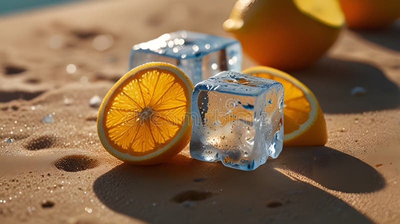 Ice Cubes with Citrus Slices on a Sandy Surface Stock Illustration ...