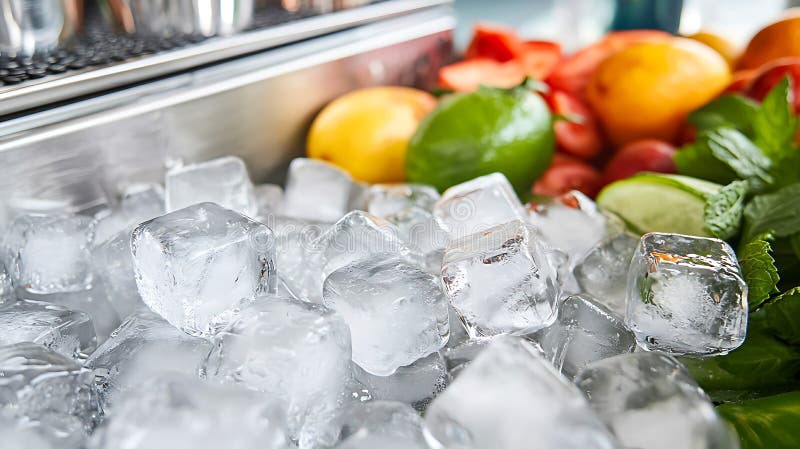 Close-up of Ice Cubes Near Fresh Fruit and Bar Equipment Stock Image ...