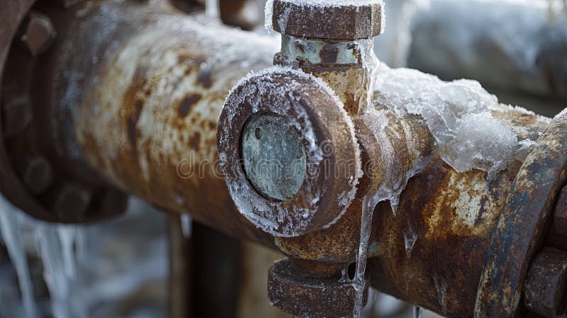 Close-up of an Iced-over Pipe Valve with Rust and Frost Patterns ...