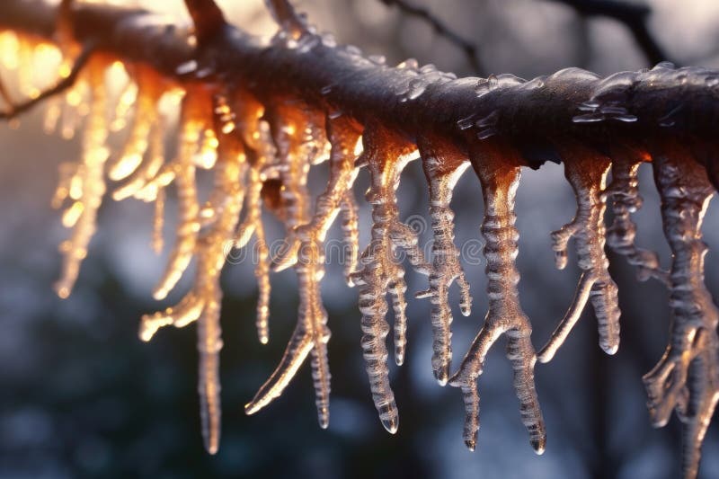 Close-up of Icicles Forming on a Tree Branch Stock Photo - Image of ...