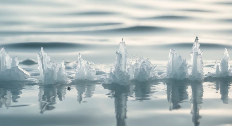 Close Up of Icy Formations Along a Tranquil Water Surface Stock Image ...