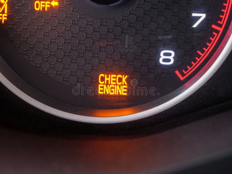 Close Up of Illuminated Check Engine Light on Car Dashboard, Indicating ...