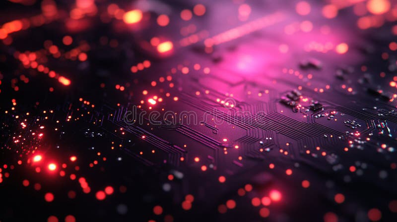 Close-up of Illuminated Circuit Board with Glowing Red Particles Stock ...