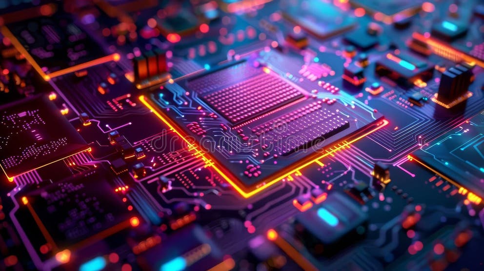 Close-Up of Illuminated Circuit Board with Neon Lights in a High-Tech ...