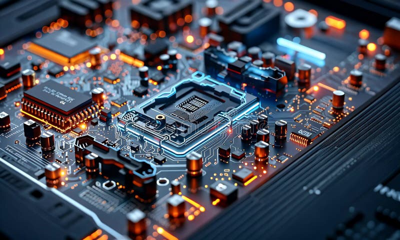 Close-up of a Computer Motherboard with Glowing Blue Circuits and ...