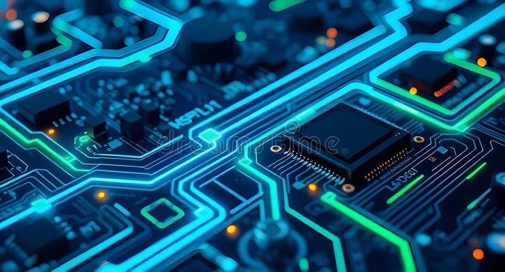 Close-up of an Illuminated Computer Motherboard Displaying Intricate Circuitry Patterns. Stock ...