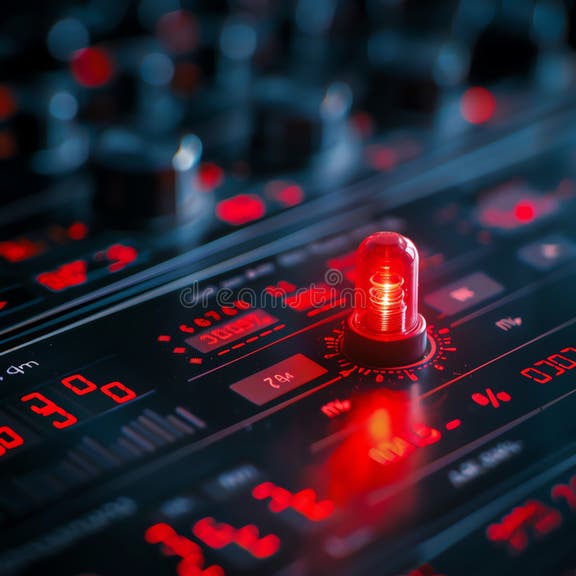 Close-up of Illuminated Control Panel with Glowing Red Lights and ...