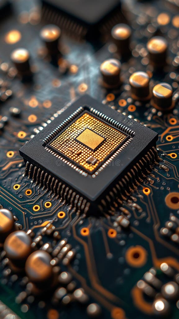 Close-up of an Illuminated CPU on a Circuit Board with Traces and ...