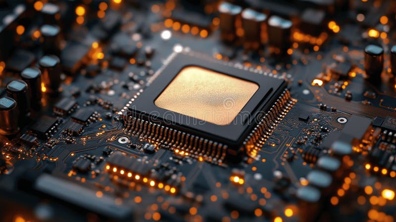 Close-up of an Illuminated CPU on a Circuit Board with Traces and ...