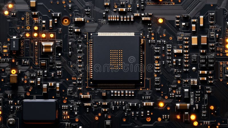 Close-up of an Illuminated CPU on a Circuit Board with Traces and ...