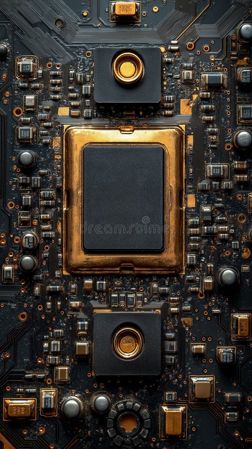 Close-up of an Illuminated CPU on a Circuit Board with Traces and ...