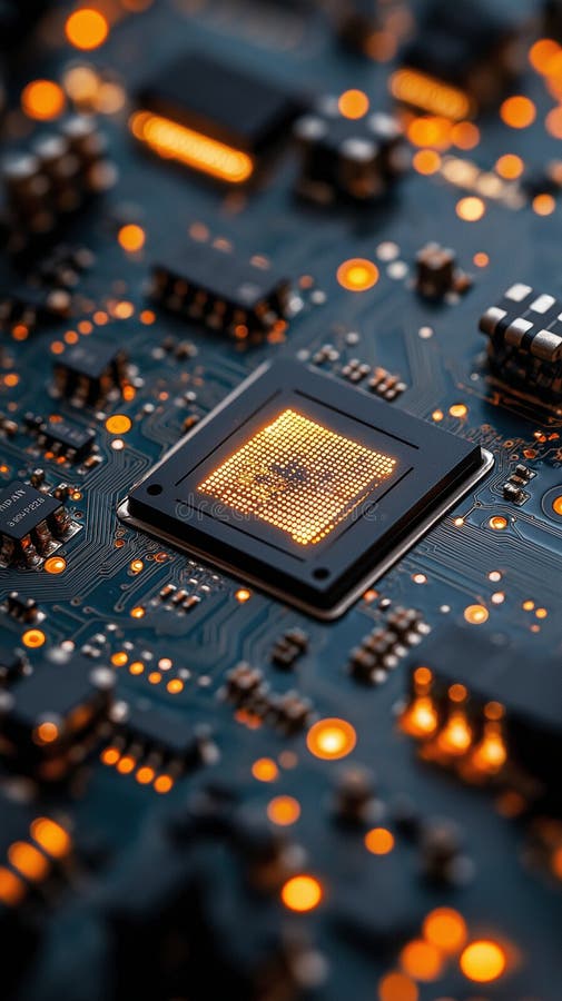 Close-up of an Illuminated CPU on a Circuit Board with Traces and ...