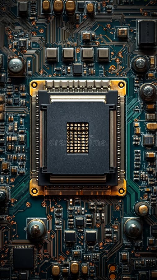 Close-up of an Illuminated CPU on a Circuit Board with Traces and ...