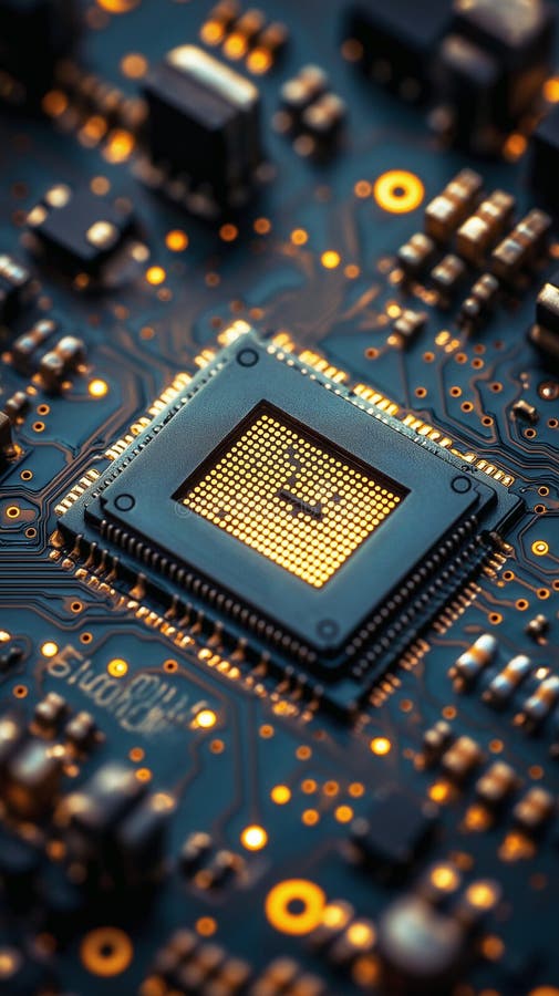 Close-up of an Illuminated CPU on a Circuit Board with Traces and ...