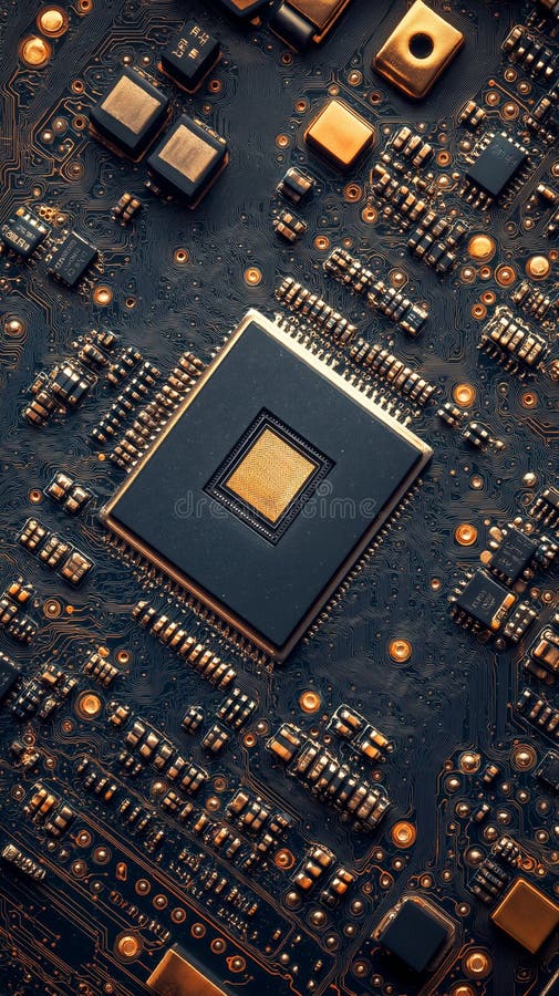 Close-up of an Illuminated CPU on a Circuit Board with Traces and ...