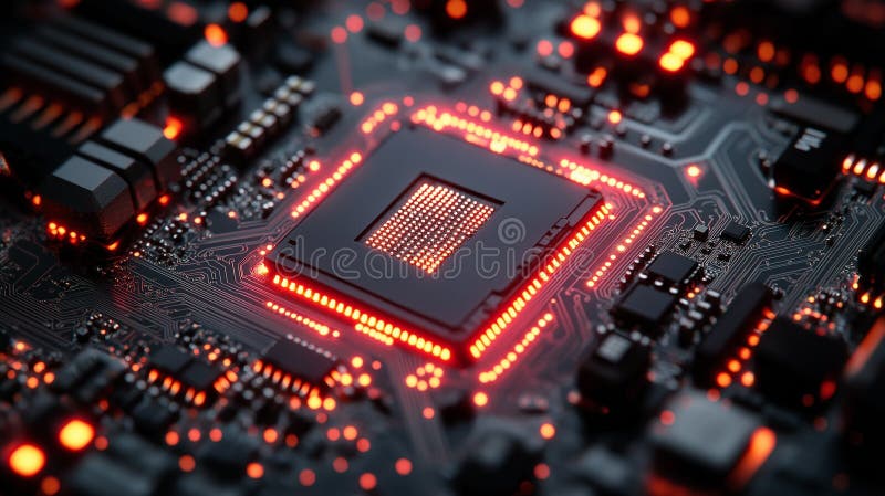 Close-up of an Illuminated CPU on a Circuit Board with Traces and ...
