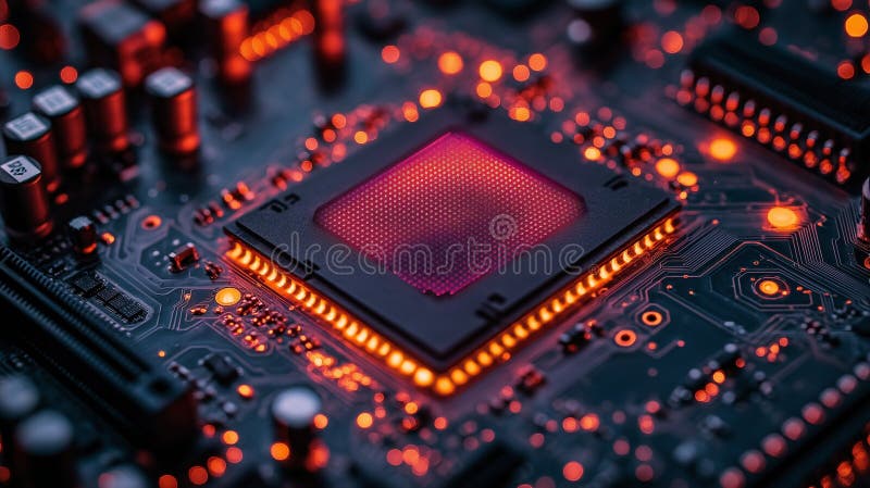 Close-up of an Illuminated CPU on a Circuit Board with Traces and ...