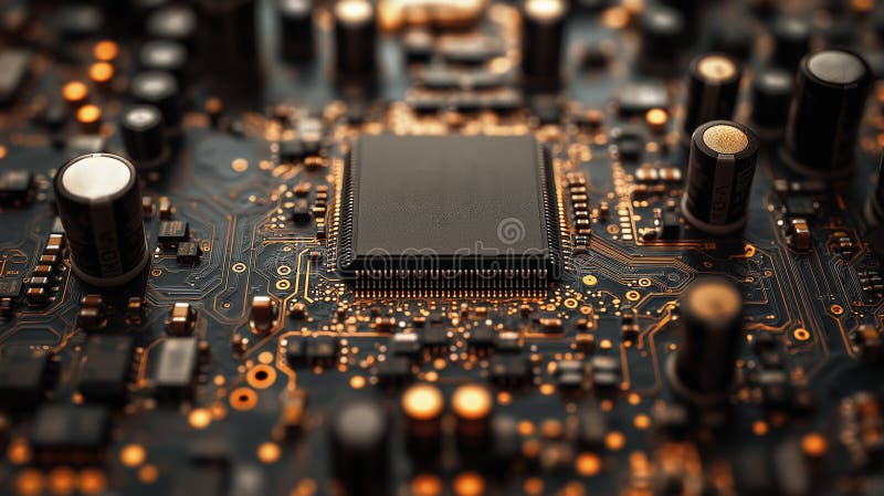 Close-up of an Illuminated CPU on a Circuit Board with Traces and ...