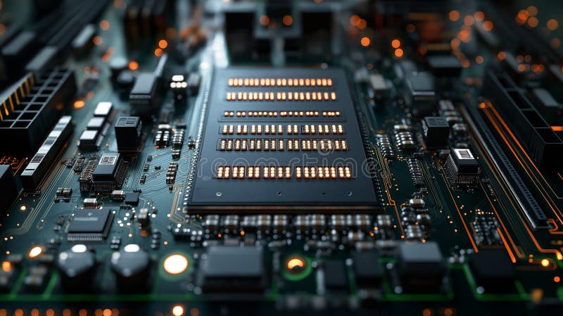 Close-up of an Illuminated CPU on a Circuit Board with Traces and ...