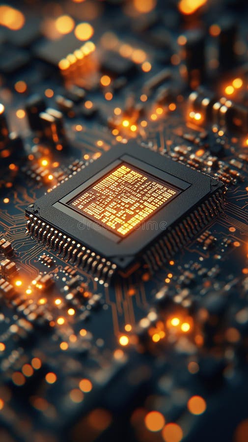 Close-up of an Illuminated CPU on a Circuit Board with Traces and ...