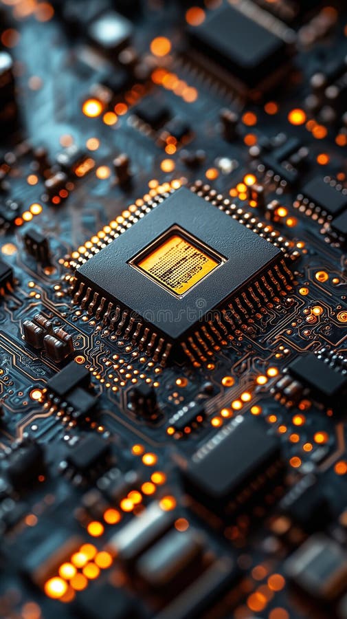 Close-up of an Illuminated CPU on a Circuit Board with Traces and ...