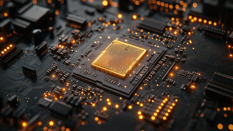 Close-up of an Illuminated CPU on a Circuit Board with Traces and ...