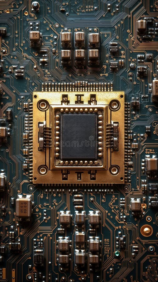 Close-up of an Illuminated CPU on a Circuit Board with Traces and ...