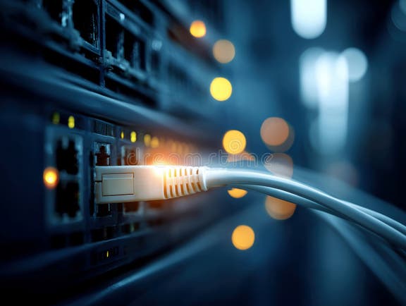 Close-up of Illuminated Ethernet Cable Plugged into a Network Switch ...