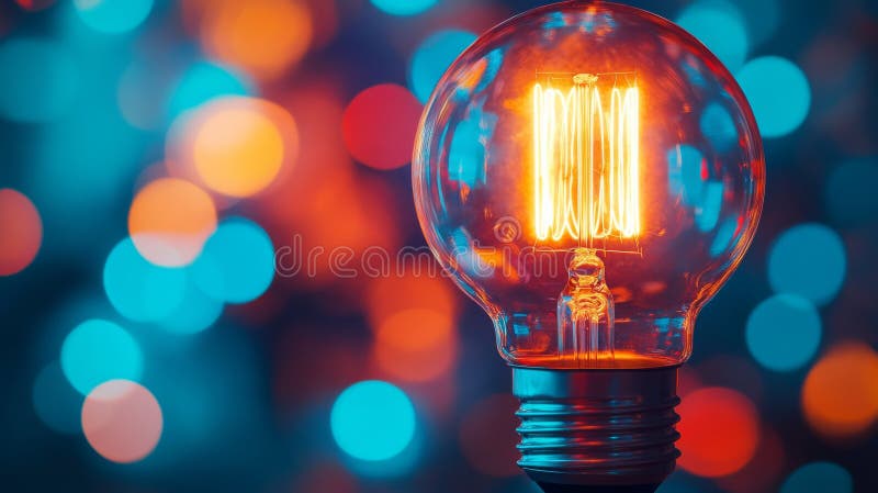 Close-up of Illuminated Light Bulb with Colorful Bokeh Background ...