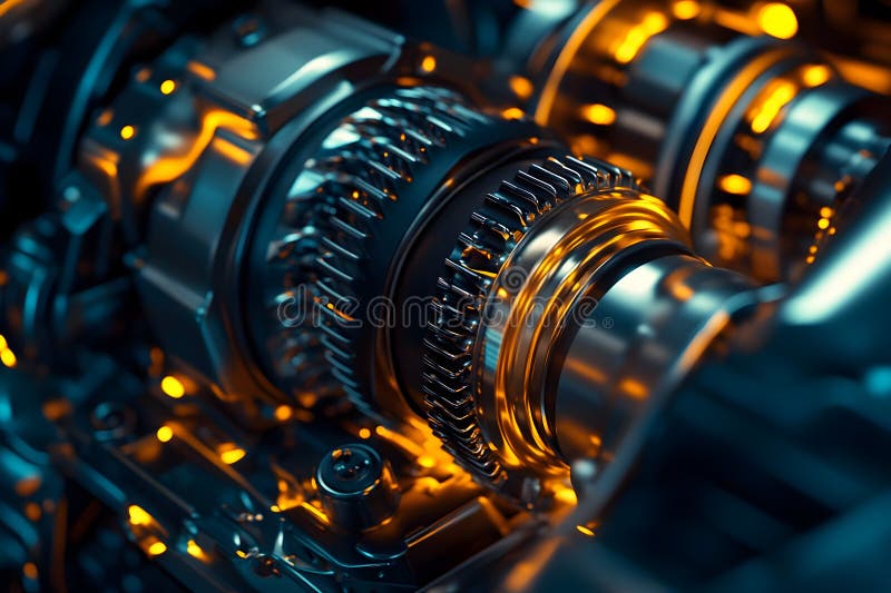 Close-up of Illuminated Metallic Machine Gears and Components in Motion ...