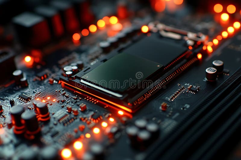 Close-up of Illuminated Motherboard CPU Socket with Glowing Components ...