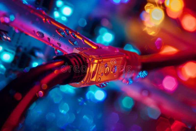 Close-up of an Illuminated Network Cable and Connector with Vibrant ...