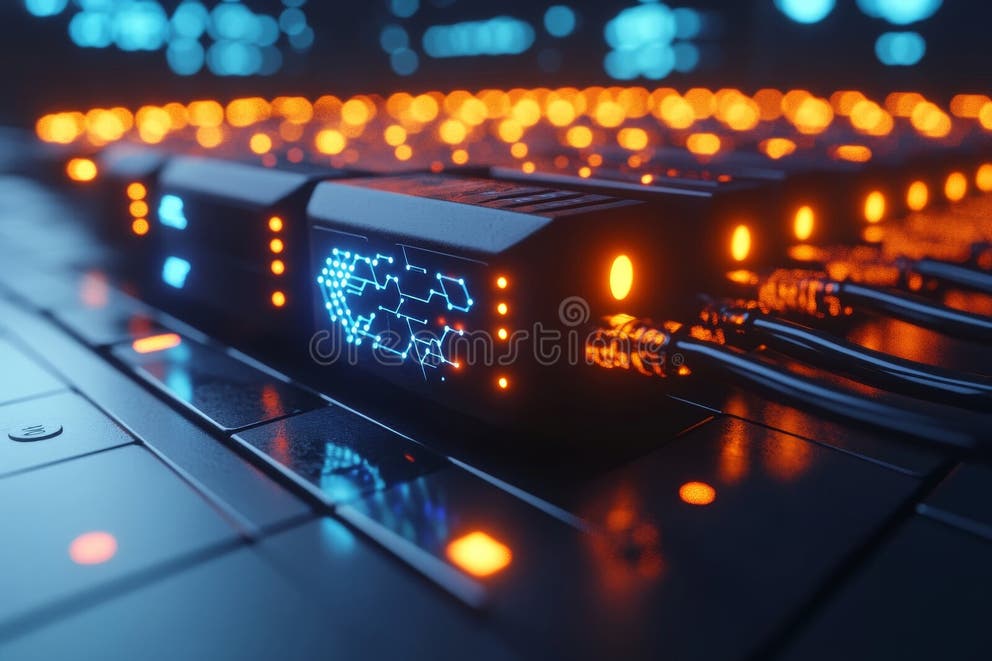 Close Up of an Illuminated Server Control Panel with Orange Indicator ...