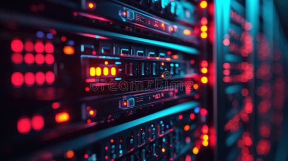 Close-Up of Illuminated Server Rack in Data Center Technology and ...