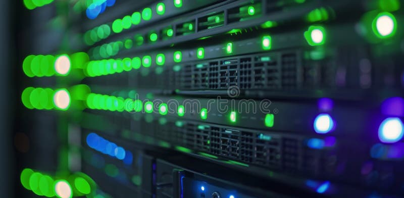 Illuminated Server Room with Blue Neon Lights and Data Racks Stock ...