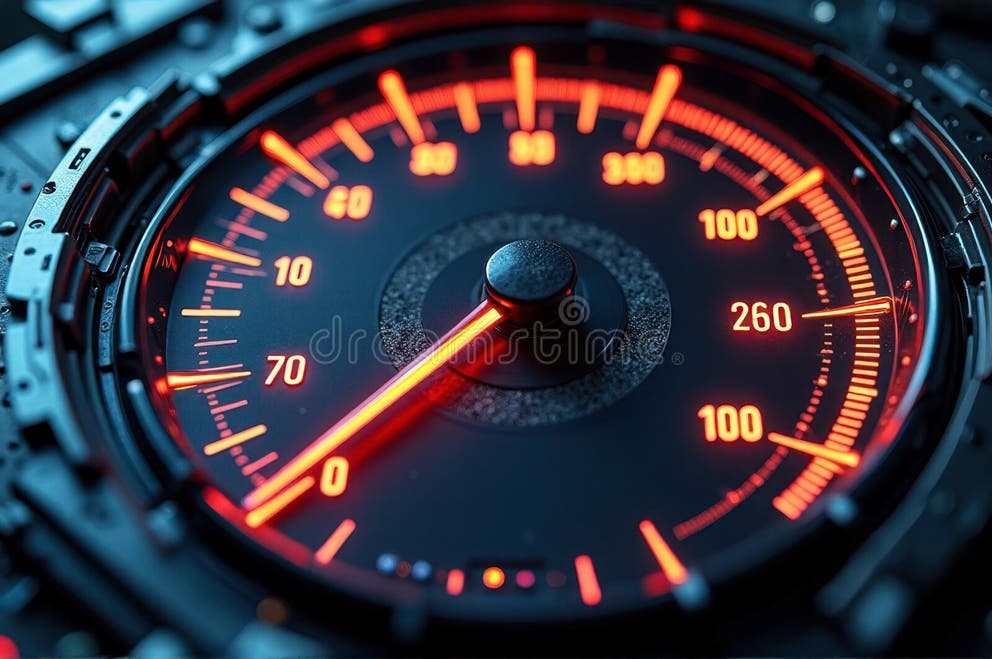 Close-up of Illuminated Speedometer with Glowing Red Needles and ...