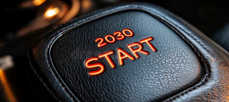 Close-Up of Illuminated Start Engine Button on Black Leather Surface ...