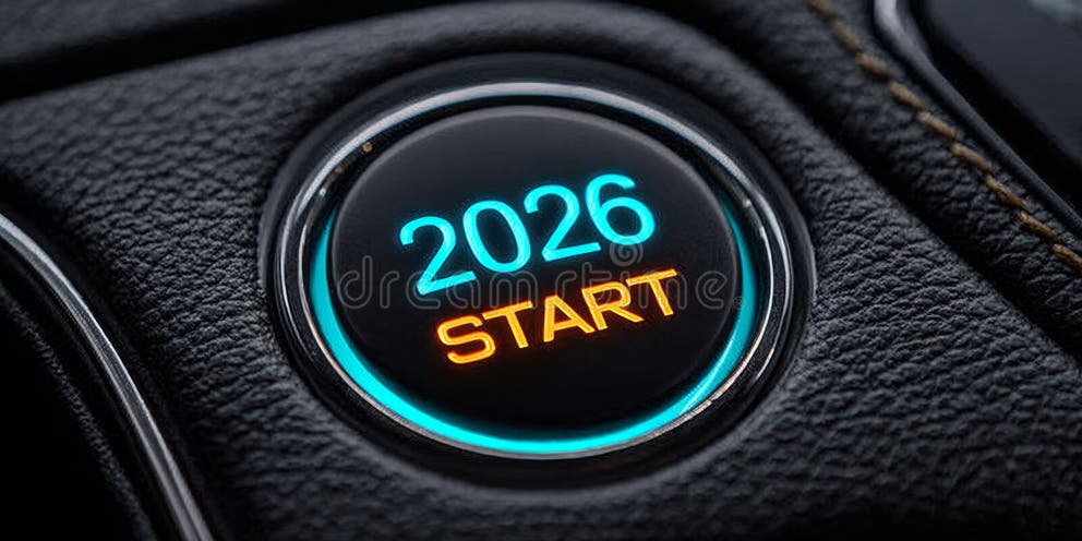 Close-Up of Illuminated Start Engine Button with 2026 START Text on ...