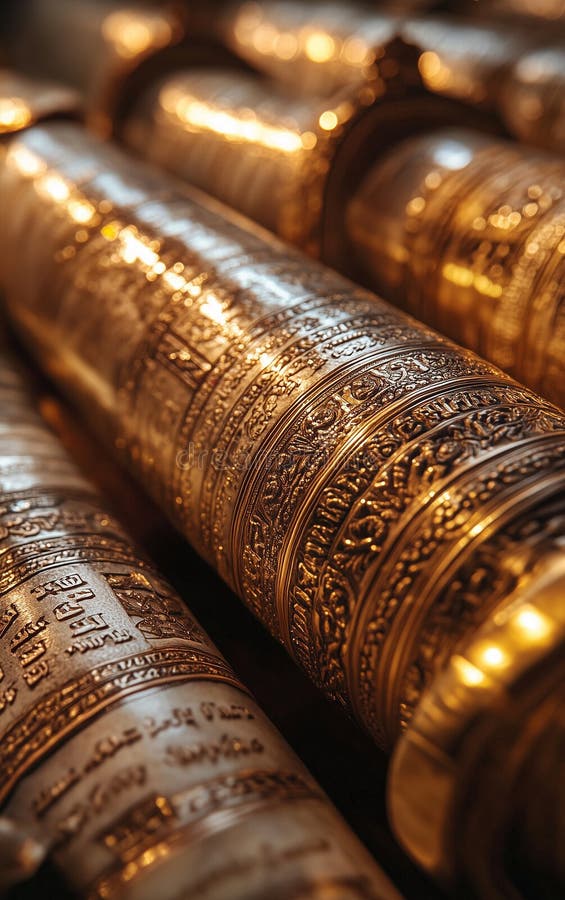 Close-up of Illuminated Torah Scrolls, with Space for Text on the Side ...