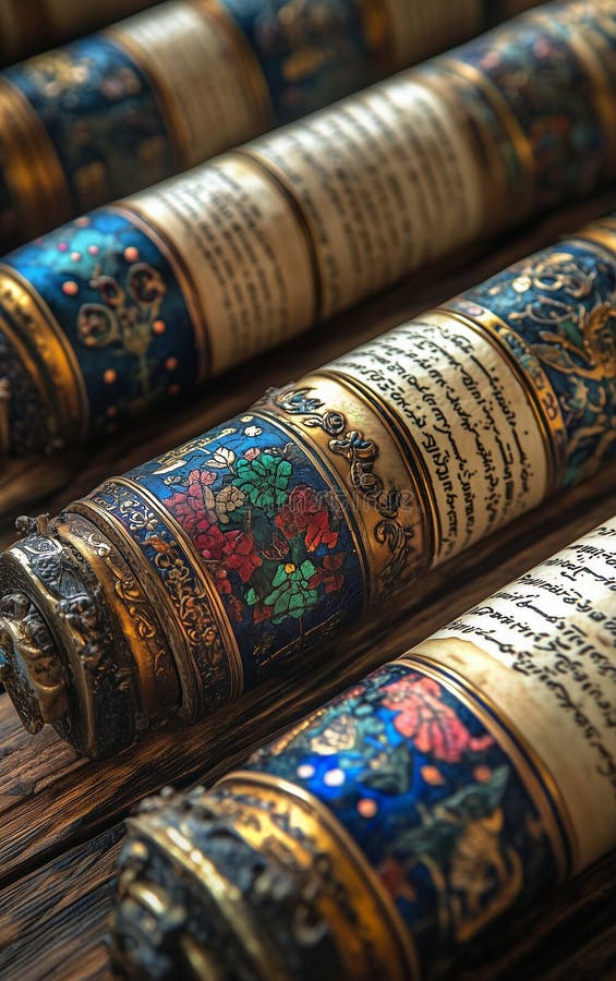 Close-up of Illuminated Torah Scrolls, with Space for Text on the Side ...