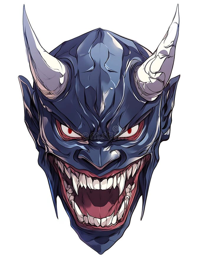 Angry Blue Demon Head with Sharp Teeth and Horns Stock Illustration ...